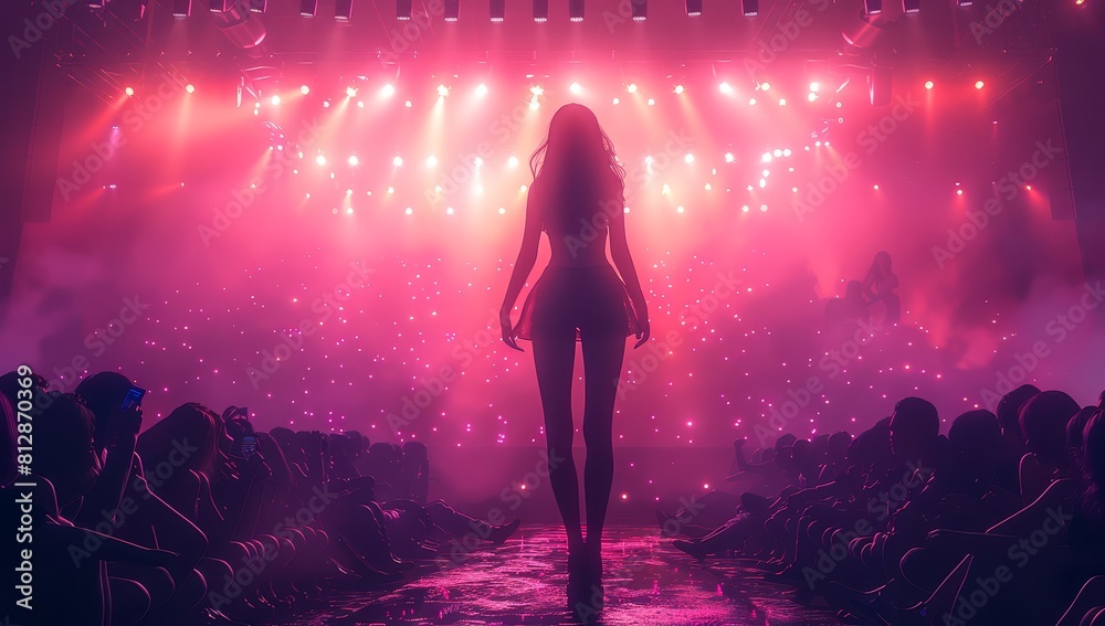 An anime girl on stage with lights, performing in a short dress and ...