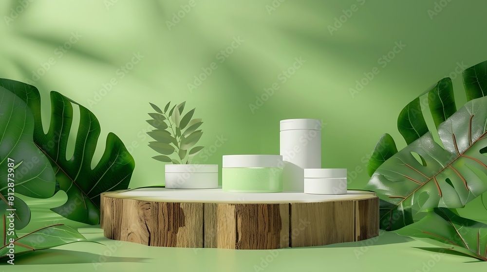 Minimal modern product display on green background Wood slice podium ...