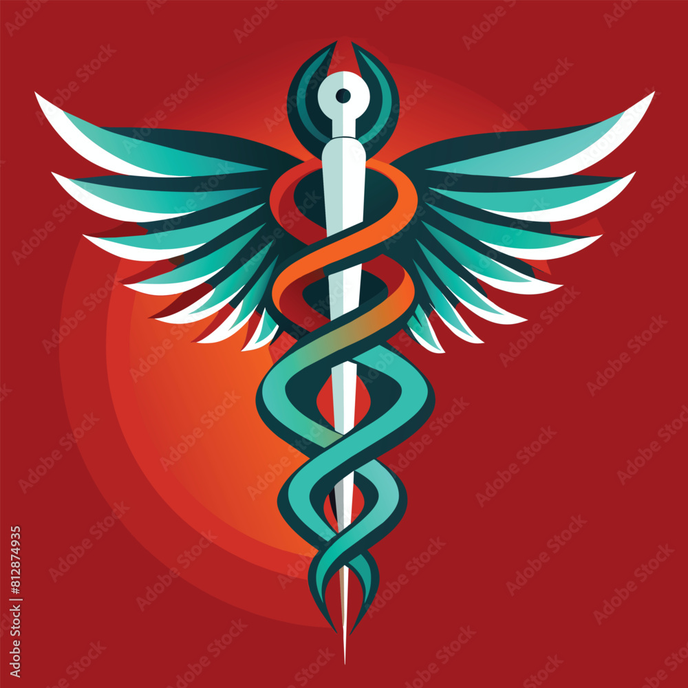 Modern caduceus symbol depicted on a vibrant red background, A sleek ...