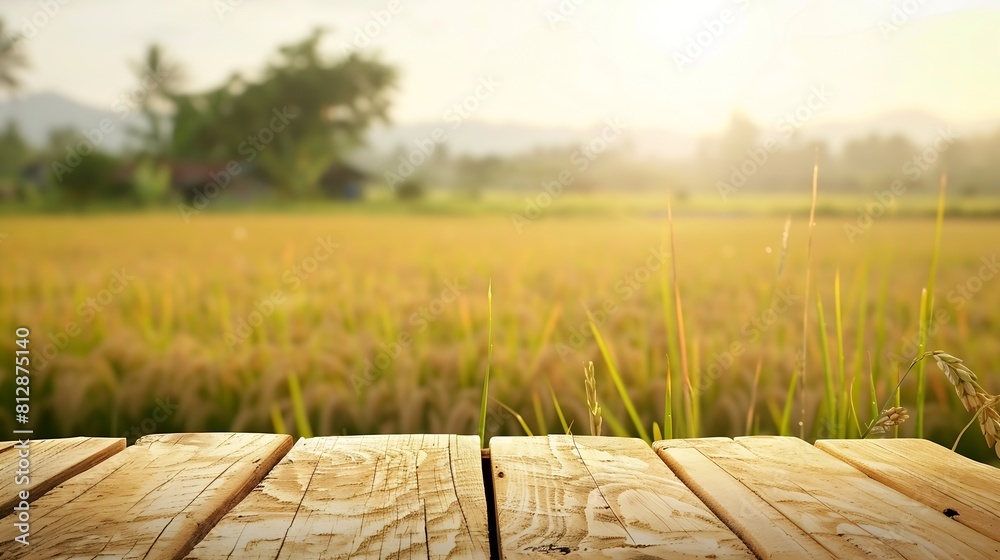 Wooden table top on blur rice field background in daytimeHarvest rice ...