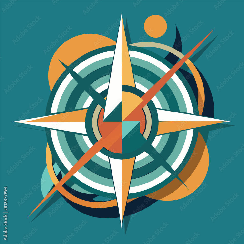 Compass surrounded by orange circles on a blue backdrop, An abstract ...