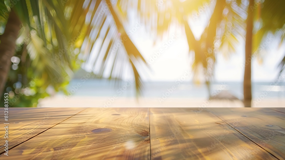 Wide Table top wooden bar on blurred beautiful beach scene background ...