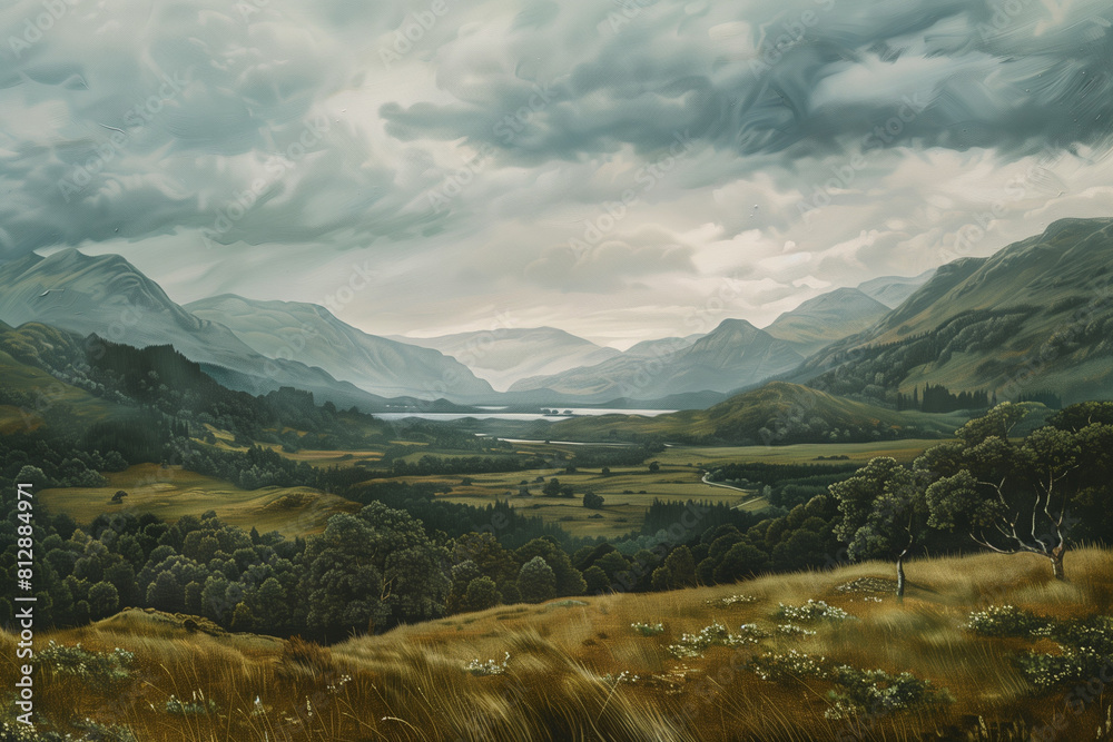 A panoramic view of the Scottish Highlands under an overcast sky, with ...