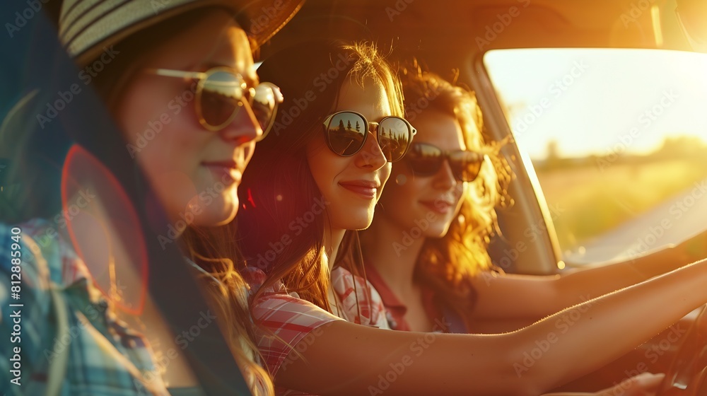 Three best female friends travel togetherThey drives a car and making ...