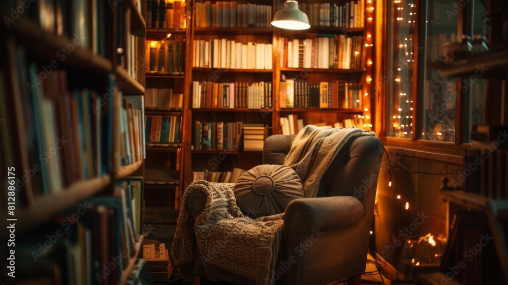 Vintage home library nook warmly lit by a pendant light, featuring a ...