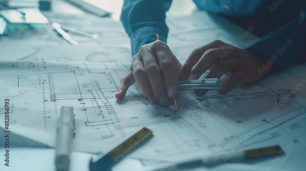 Architect or engineer working on building blueprint contractor ...