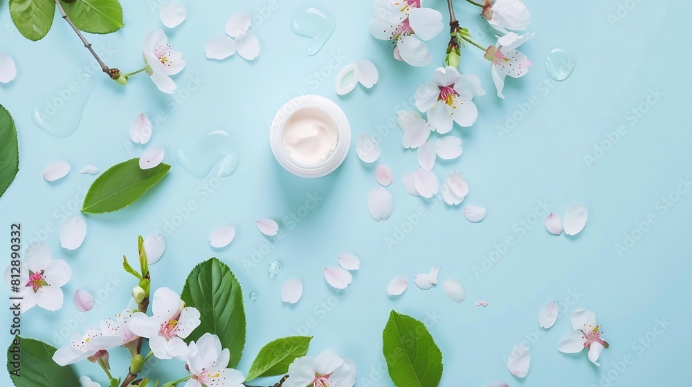 Beauty background with facial cosmetic products leaves and cherry ...