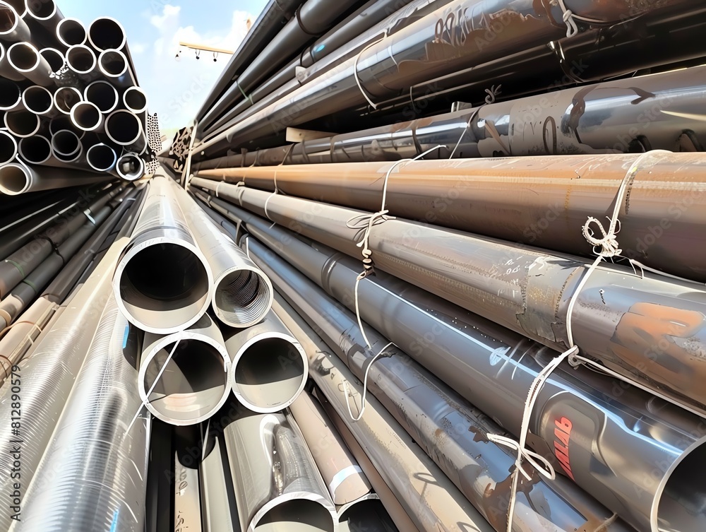 Large metal pipes of various diameters lie on the ground outdoors ...