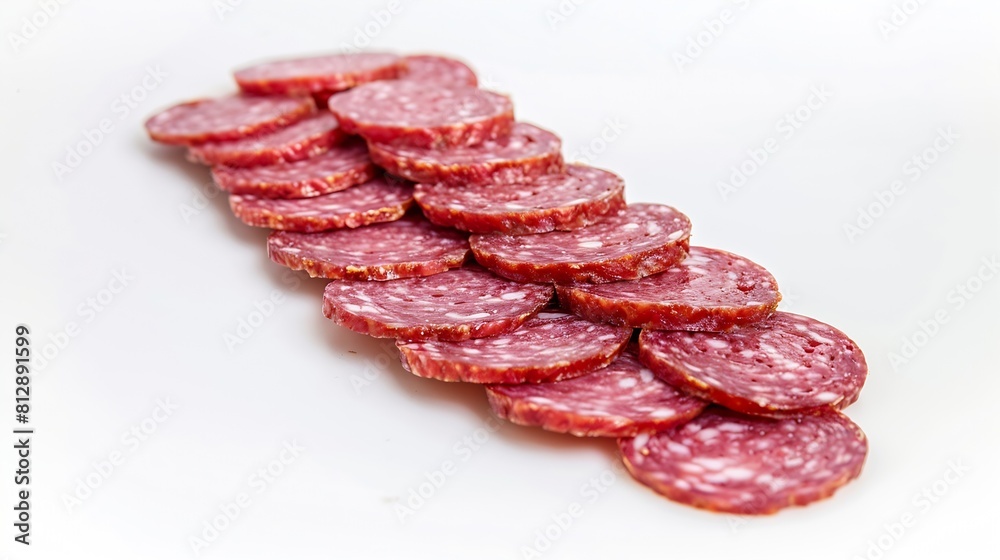 salami sausage slices isolated on white background pieces of sliced salami sausage laid out to ...