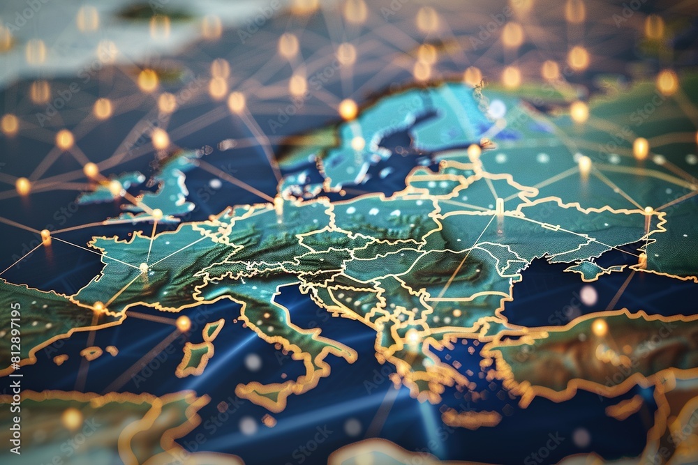 Digital Map of Europe with Global Network Connections,Global Network ...