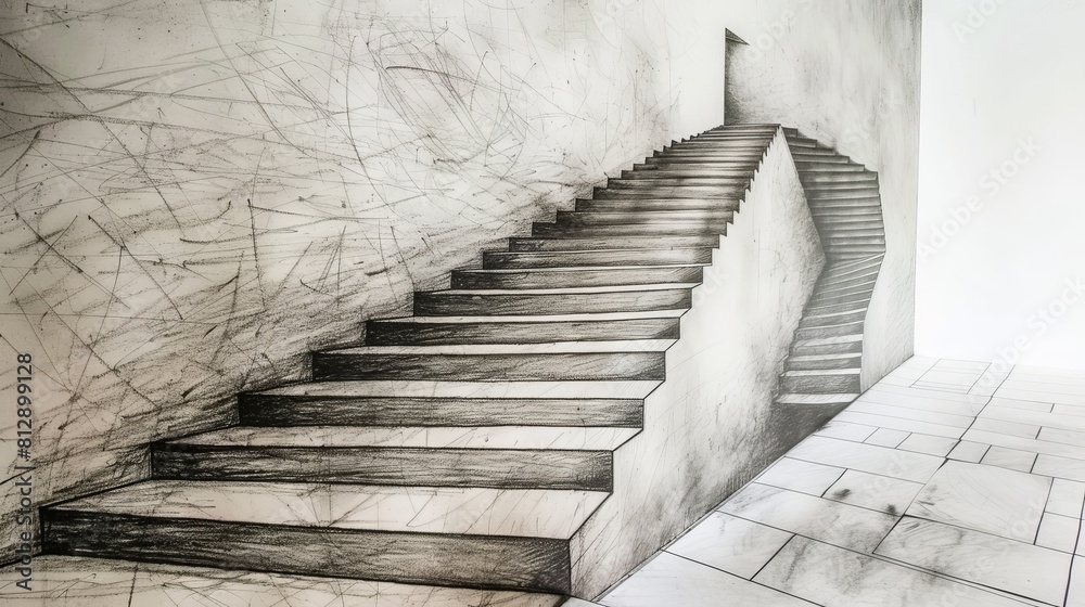 The image is a pencil drawing of a staircase with a door at the top ...