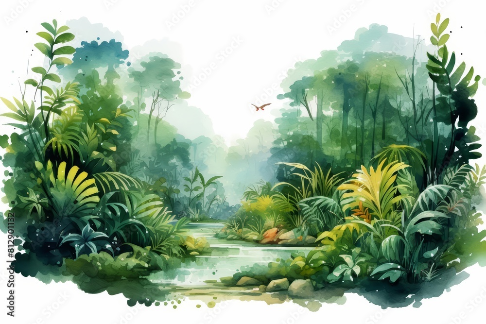 Creative watercolor of a lush rainforest with dense foliage and hidden ...