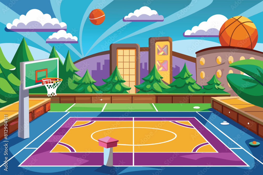 A cartoon depiction of a basketball court with a basketball flying ...