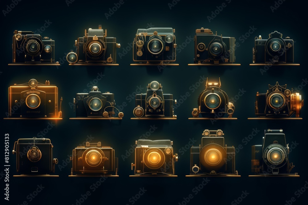 Show Glow HUD Big icon set of vintage cameras, celebrating the history ...