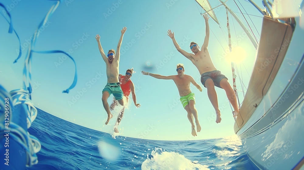 Happy crazy friends diving from sailing boat into the sea Young people ...