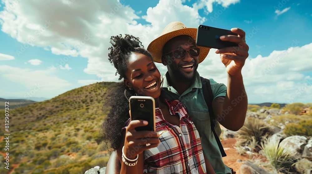 Black couple with phone travel and adventure happy outdoors in outback ...