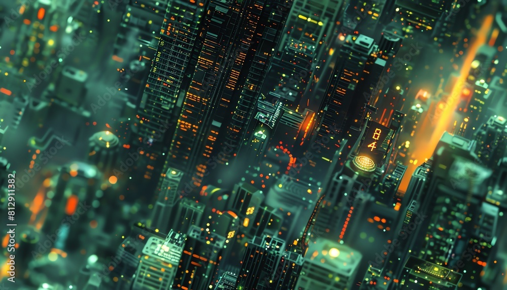 Capture a futuristic dystopian cityscape from a birds eye view ...
