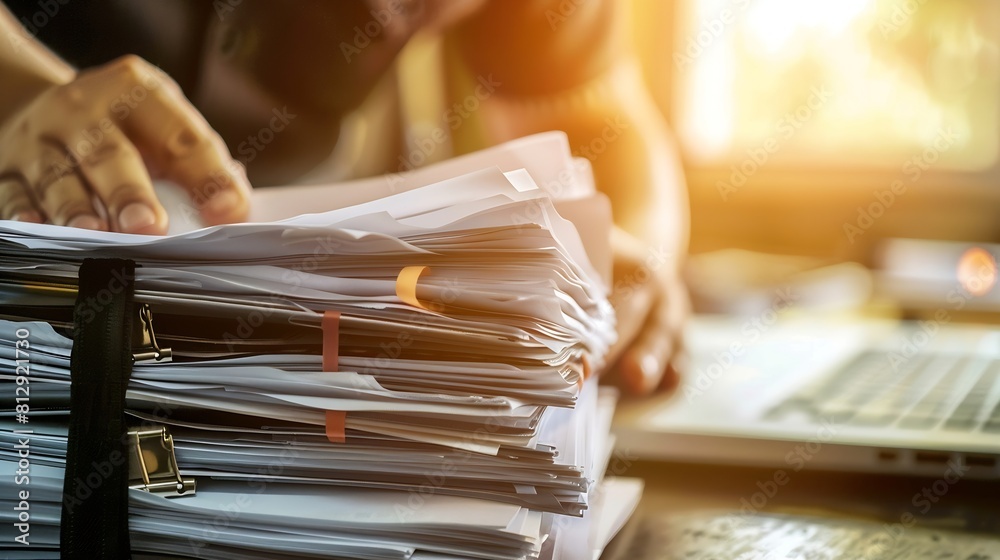 Pile of presentation brochure document concept Businessman hands ...