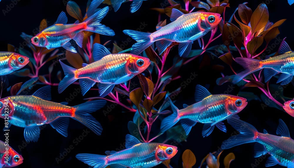 Design a photorealistic school of neon tetras weaving through intricate ...