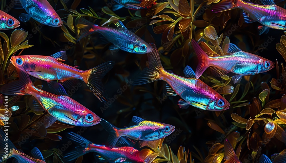 Design a photorealistic school of neon tetras weaving through intricate ...