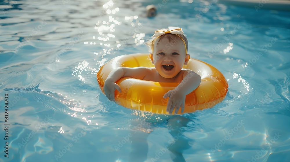 Funny baby girl on summer vacation Child having fun in swimming pool ...