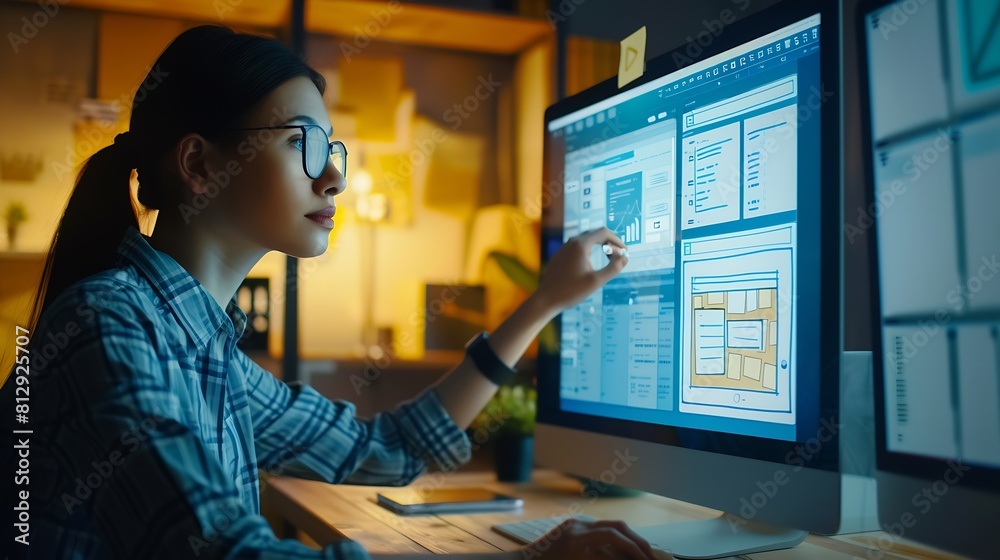 Woman designer create website design wireframe Sketch prototype ...