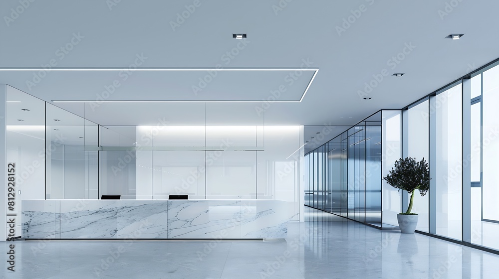 Modern office space featuring sleek glass partitions overhead linear ...