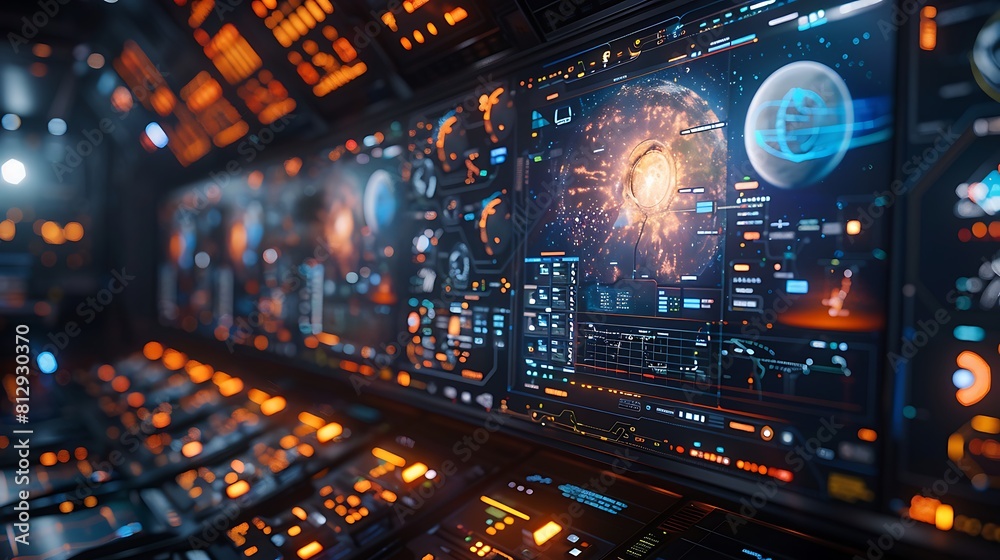 Close-up of a monitor in a space agency control room showing dynamic ...