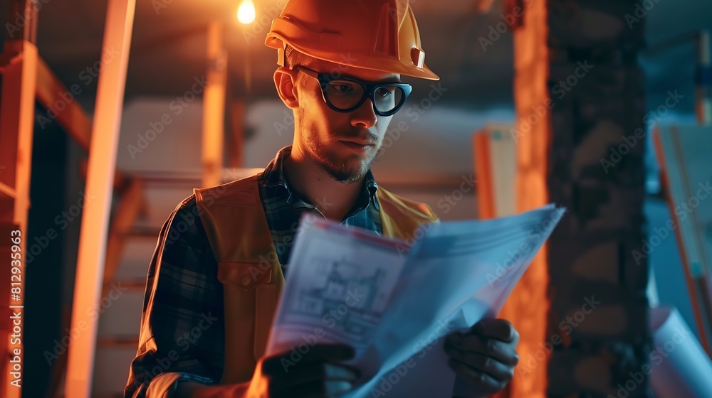 Portrait of an architect builder studying layout plan of the rooms ...