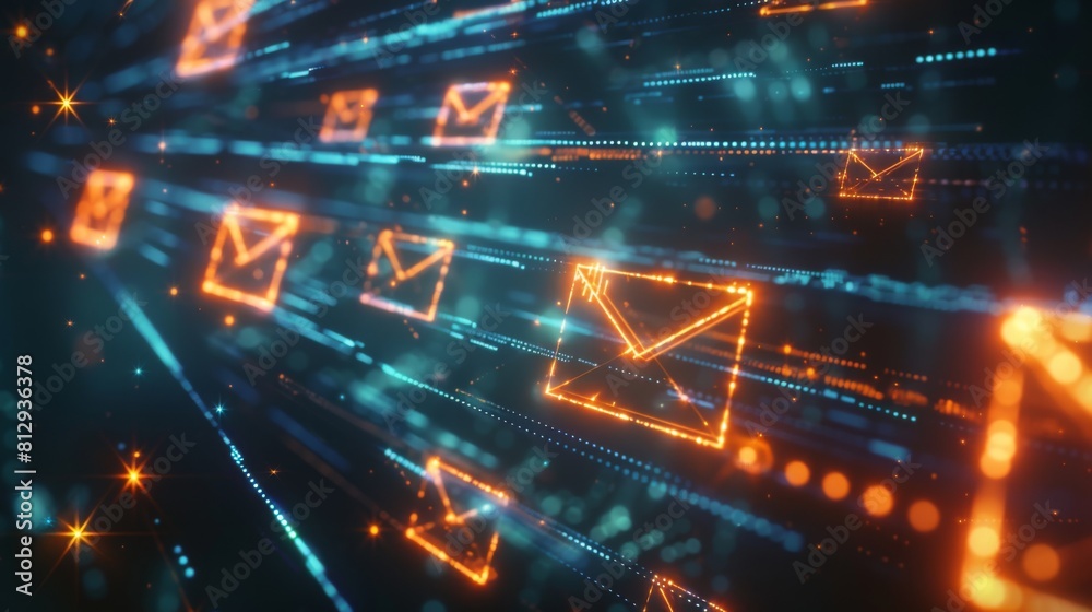 email glowing icon orange and data flow on dark blue background Stock ...