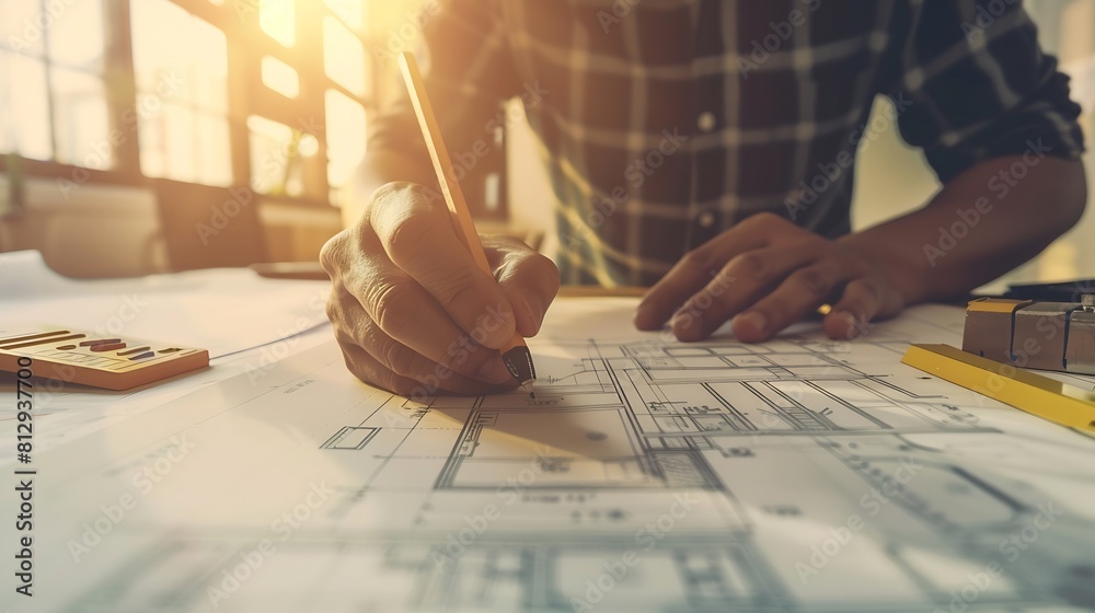Hands of architect during work Concept work in an architectural bureau ...