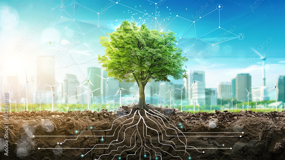 Schematic diagram of an oak tree sprouting from the soil, with roots ...