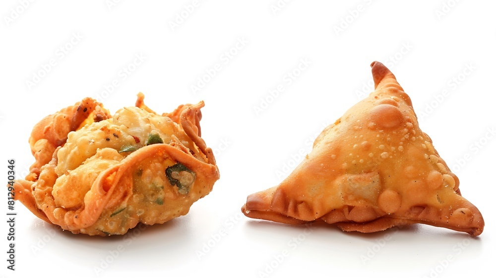 Isolated samosa and pakora on white background Spicy indian or ...