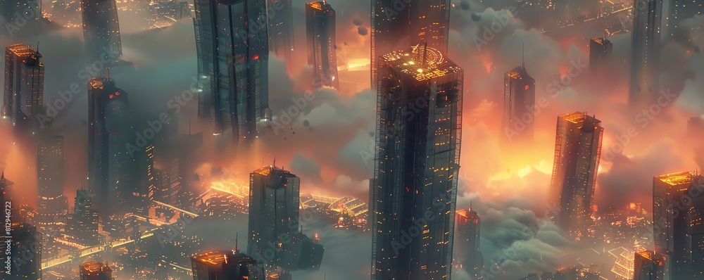 Capture a dystopian cityscape with towering, monolithic structures ...