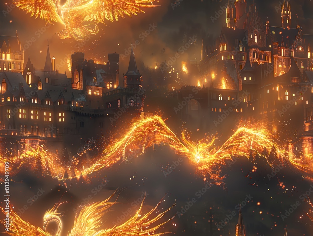 Illustrate the graceful phoenix soaring above a medieval castle ...