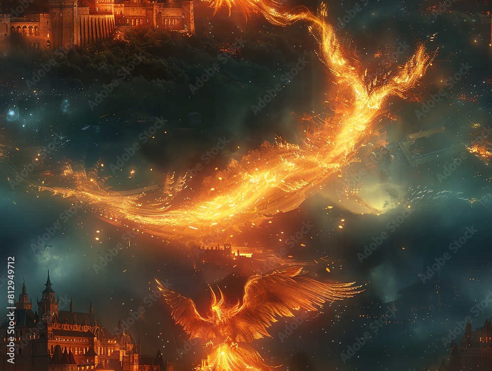 Illustrate the graceful phoenix soaring above a medieval castle ...