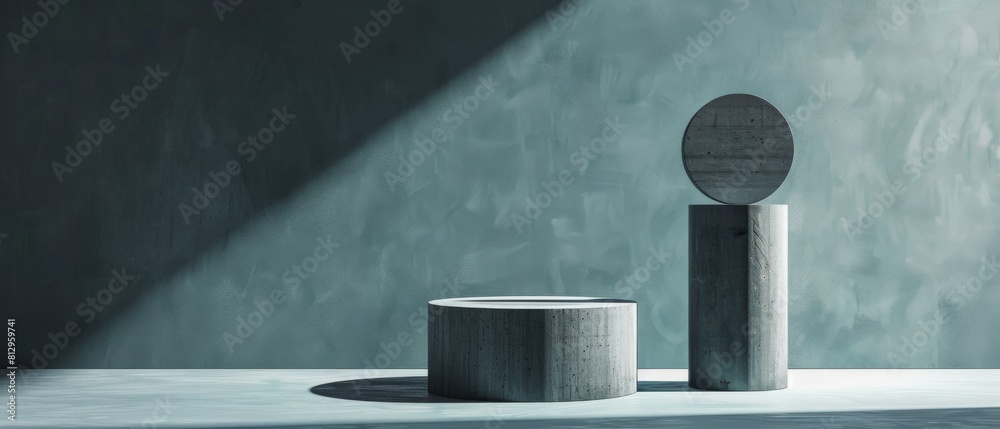 Two stone pillars and a round object are placed in front of a blue wall ...