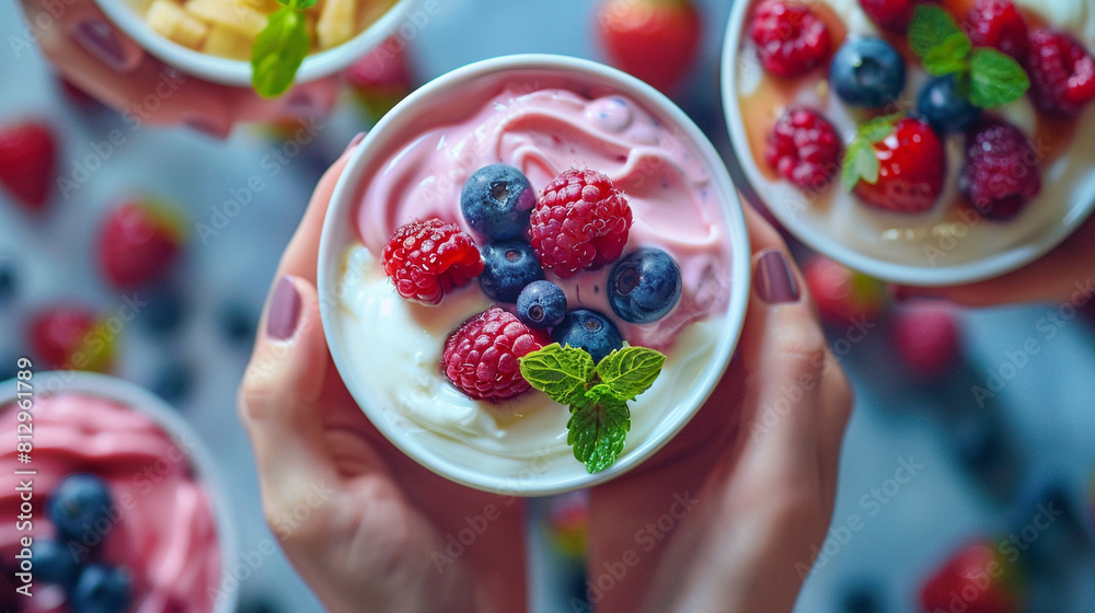 Family enjoying homemade yogurt with fresh fruits, top view, Breakfast ...