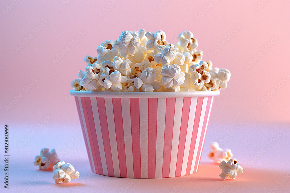 Gourmet popcorn in a striped tub, front view, Movie night snack ...