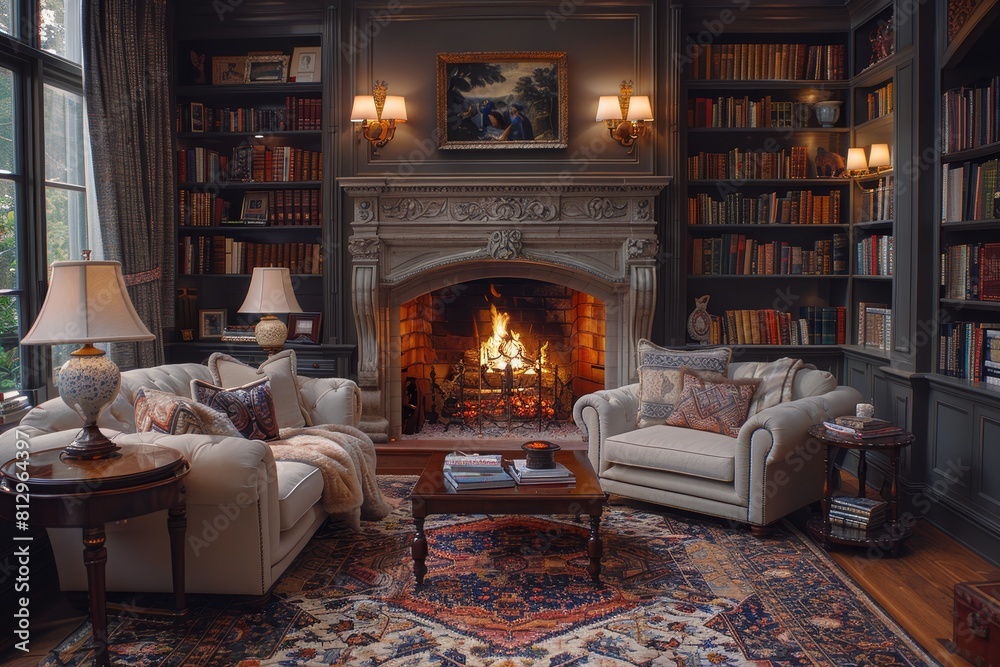 Elegant home library with fireplace, comfortable seating, and extensive ...