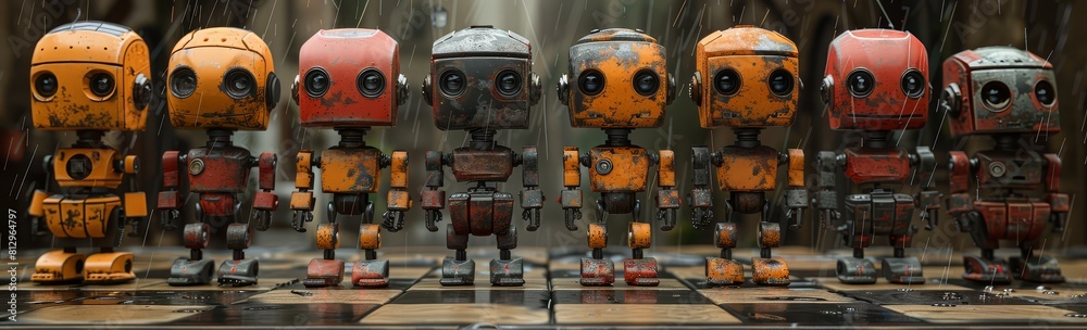 group of cute little robots standing on chessboard, all have different ...