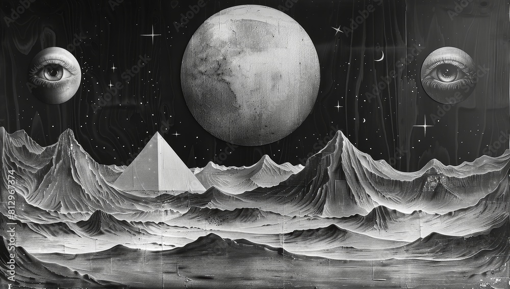 Black and white paper collage, sun rising over the mountains of sand ...