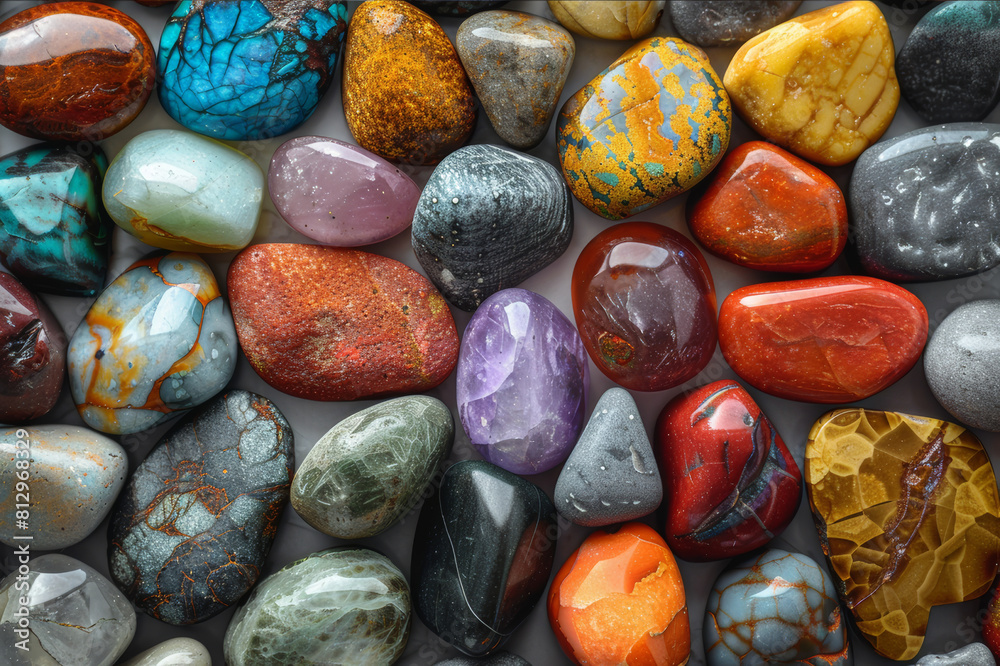 Radiant and small healing stones arrayed in a pattern, shimmering with ...