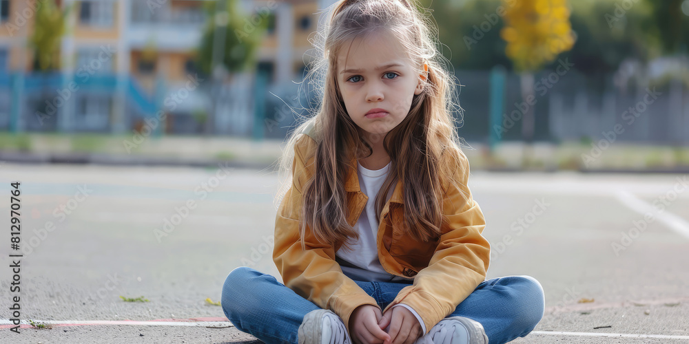 Close-up sad Crying child girl sitting on the ground at the schoolyard ...