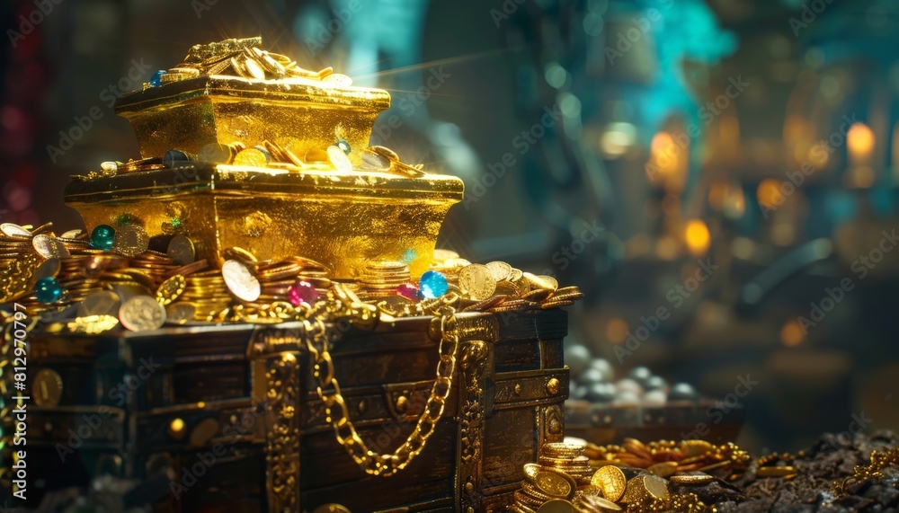 A photo of a stack of gold ingots overflowing from a treasure chest ...