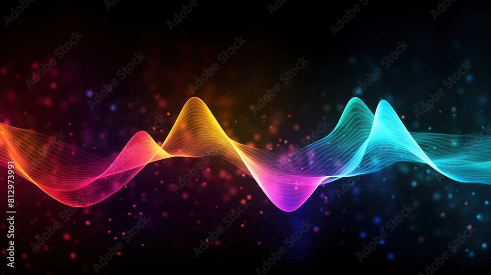 Colorful energy waves on dark background with blurry lights ...
