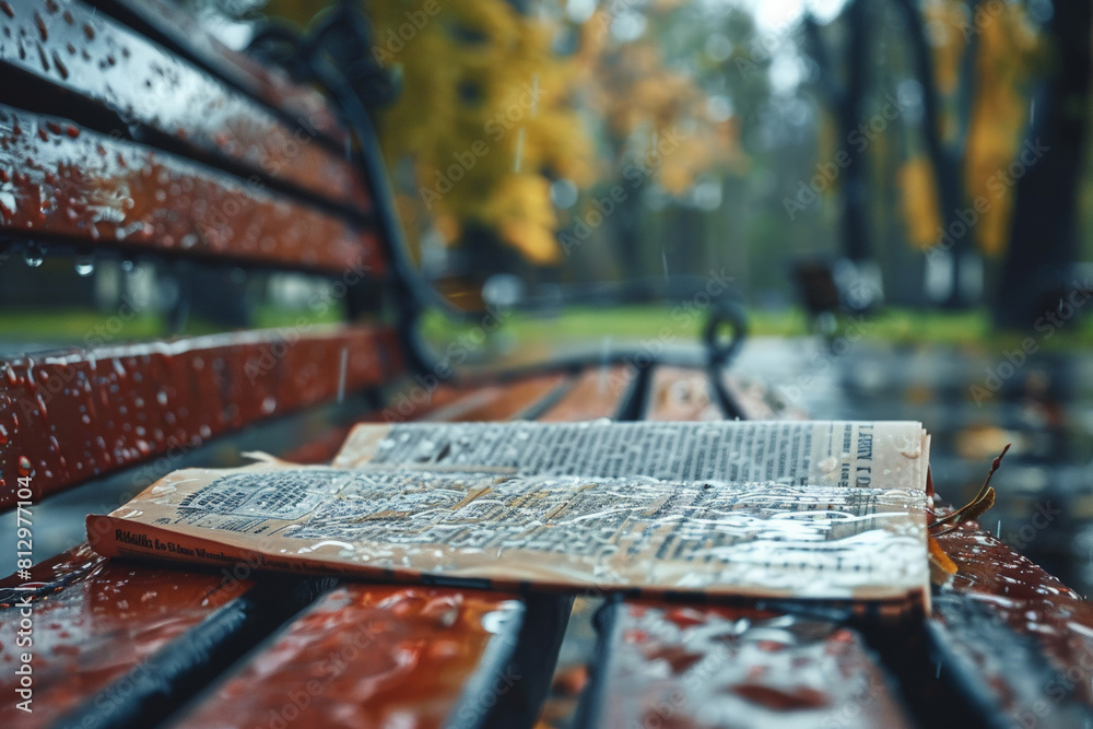 Soggy newspaper lying on a rain-drenched bench, symbol of a day ...