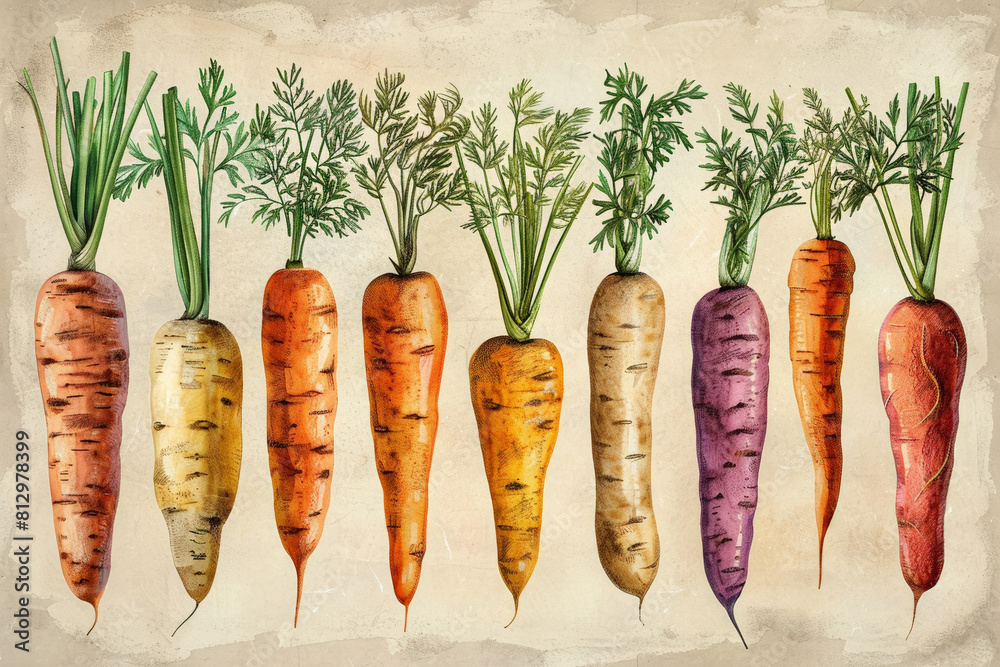 Vintage style illustration of various types of carrots, detailed ...