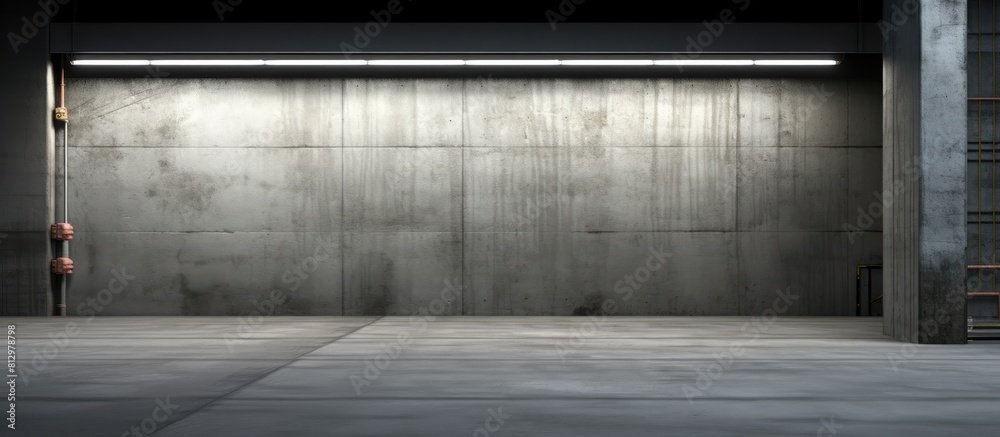 Garage parking entrance with an access ramp against an urban backdrop ...