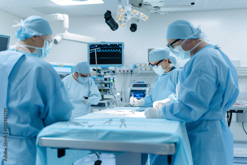modern operating room with a white and blue clinic background, the ...